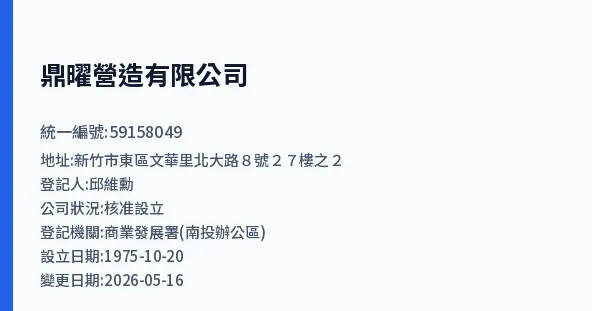 鼎曜營造有限公司的照片-統編 59158049(新竹市) 公司登記資料與營業項目詳細圖表
