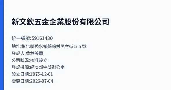 新文欽五金企業股份有限公司的照片-統編 59161430(彰化縣) 公司登記資料與營業項目詳細圖表