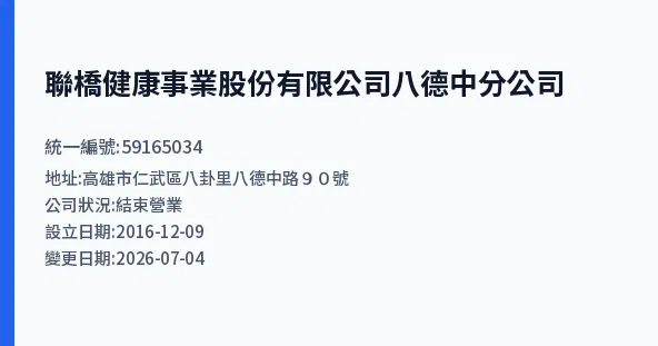 聯橋健康事業股份有限公司八德中分公司的照片-統編 59165034(高雄市) 公司登記資料與營業項目詳細圖表