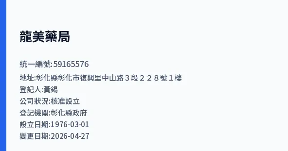 龍美藥局的照片-統編 59165576(彰化縣) 公司登記資料與營業項目詳細圖表