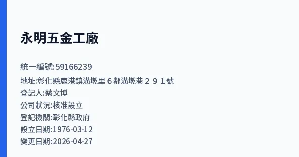 永明五金工廠的照片-統編 59166239(彰化縣) 公司登記資料與營業項目詳細圖表