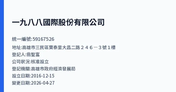 一九八八國際股份有限公司的照片-統編 59167526(高雄市) 公司登記資料與營業項目詳細圖表