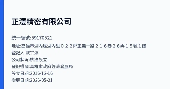 正澐精密有限公司的照片-統編 59170521(高雄市) 公司登記資料與營業項目詳細圖表