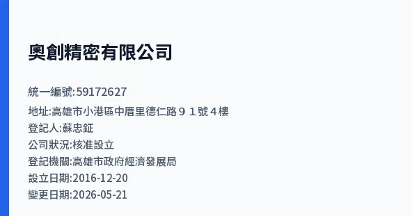 奧創精密有限公司的照片-統編 59172627(高雄市) 公司登記資料與營業項目詳細圖表