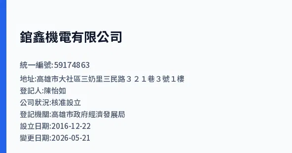 錧鑫機電有限公司的照片-統編 59174863(高雄市) 公司登記資料與營業項目詳細圖表