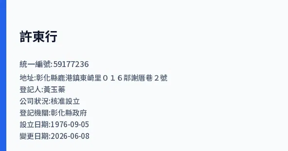 許東行的照片-統編 59177236(彰化縣) 公司登記資料與營業項目詳細圖表