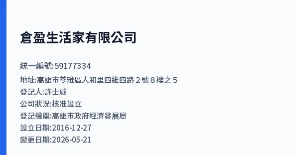 倉盈生活家有限公司的照片-統編 59177334(高雄市) 公司登記資料與營業項目詳細圖表