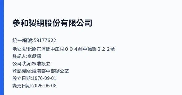 參和製網股份有限公司的照片-統編 59177622(彰化縣) 公司登記資料與營業項目詳細圖表