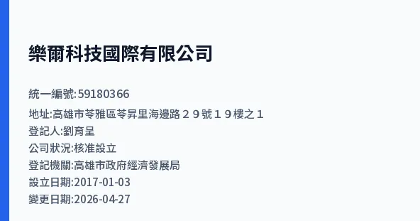 樂爾科技國際有限公司的照片-統編 59180366(高雄市) 公司登記資料與營業項目詳細圖表