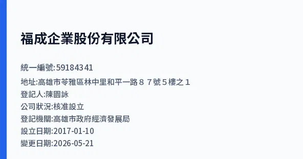 福成企業股份有限公司的照片-統編 59184341(高雄市) 公司登記資料與營業項目詳細圖表