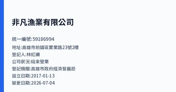 非凡漁業有限公司的照片-統編 59186994(高雄市) 公司登記資料與營業項目詳細圖表