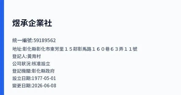 煜承企業社的照片-統編 59189562(彰化縣) 公司登記資料與營業項目詳細圖表