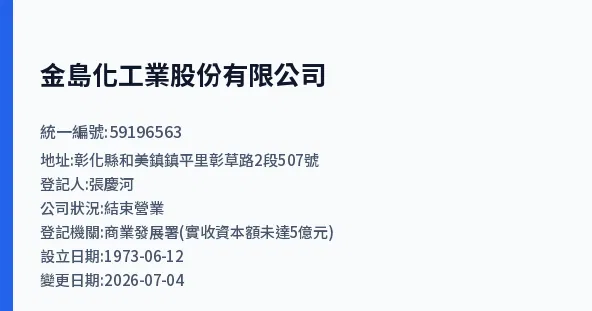 金島化工業股份有限公司的照片-統編 59196563(彰化縣) 公司登記資料與營業項目詳細圖表