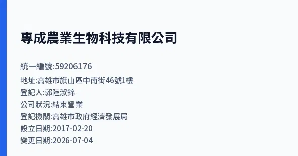 專成農業生物科技有限公司的照片-統編 59206176(高雄市) 公司登記資料與營業項目詳細圖表