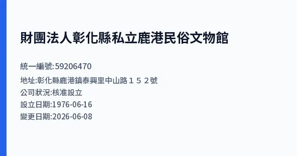 財團法人彰化縣私立鹿港民俗文物館的照片-統編 59206470(彰化縣) 公司登記資料與營業項目詳細圖表