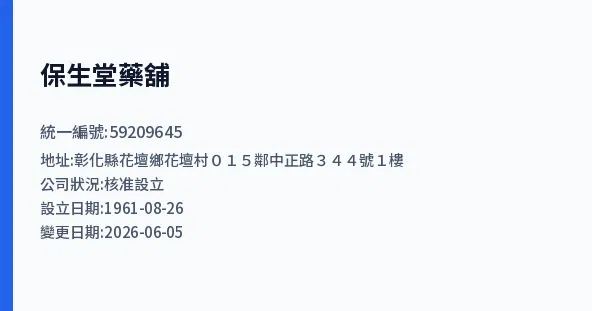 保生堂藥舖的照片-統編 59209645(彰化縣) 公司登記資料與營業項目詳細圖表