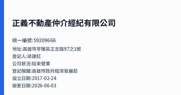 正義不動產仲介經紀有限公司的照片-統編 59209666(高雄市) 公司登記資料與營業項目詳細圖表