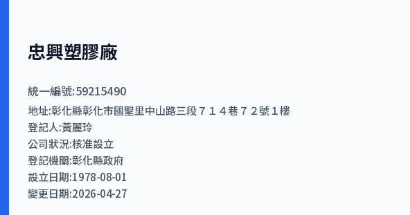 忠興塑膠廠的照片-統編 59215490(彰化縣) 公司登記資料與營業項目詳細圖表