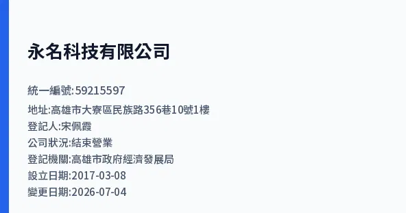永名科技有限公司的照片-統編 59215597(高雄市) 公司登記資料與營業項目詳細圖表