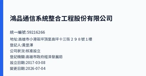 鴻品通信系統整合工程股份有限公司的照片-統編 59216266(高雄市) 公司登記資料與營業項目詳細圖表