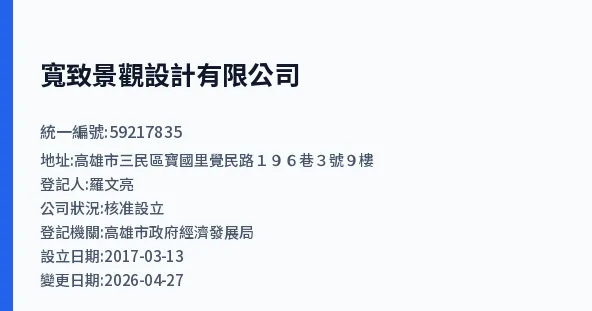 寬致景觀設計有限公司的照片-統編 59217835(高雄市) 公司登記資料與營業項目詳細圖表