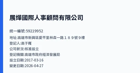 展燁國際人事顧問有限公司的照片-統編 59219952(高雄市) 公司登記資料與營業項目詳細圖表