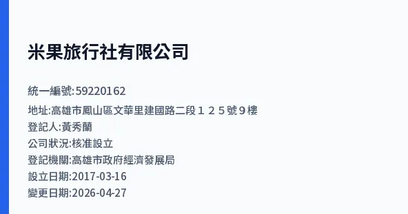 米果旅行社有限公司的照片-統編 59220162(高雄市) 公司登記資料與營業項目詳細圖表