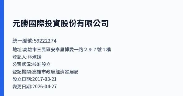 元勝國際投資股份有限公司的照片-統編 59222274(高雄市) 公司登記資料與營業項目詳細圖表