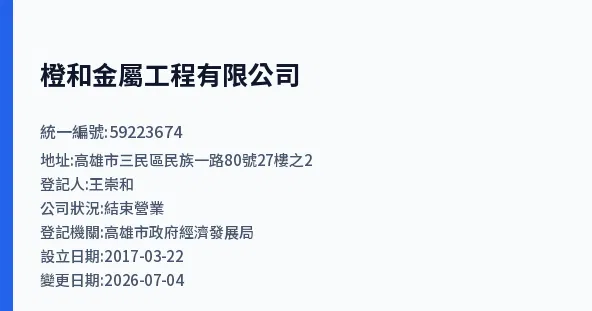 橙和金屬工程有限公司的照片-統編 59223674(高雄市) 公司登記資料與營業項目詳細圖表