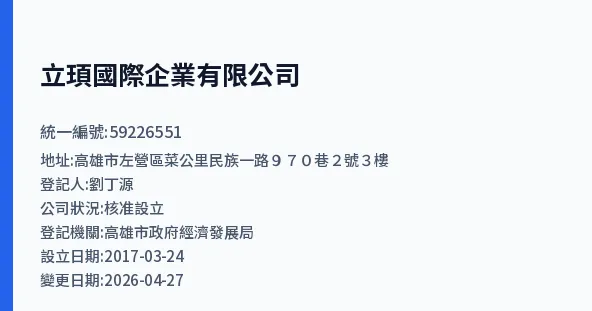 立頊國際企業有限公司的照片-統編 59226551(高雄市) 公司登記資料與營業項目詳細圖表