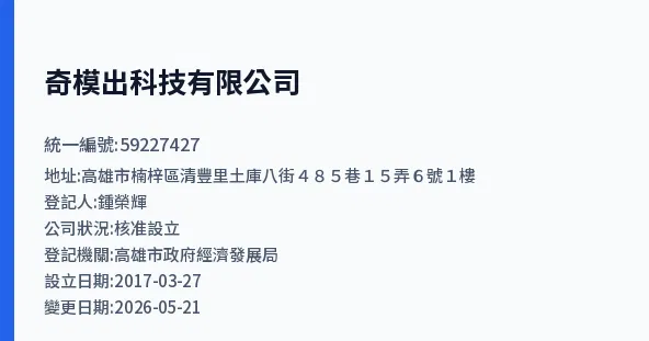 奇模出科技有限公司的照片-統編 59227427(高雄市) 公司登記資料與營業項目詳細圖表