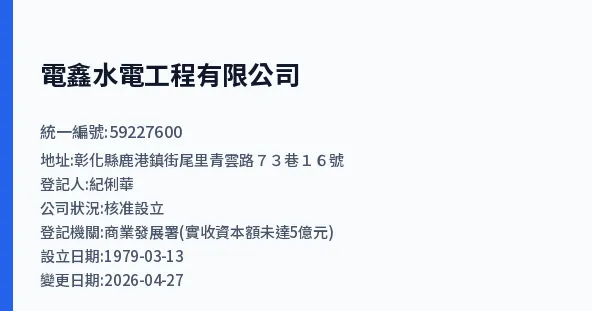 電鑫水電工程有限公司的照片-統編 59227600(彰化縣) 公司登記資料與營業項目詳細圖表