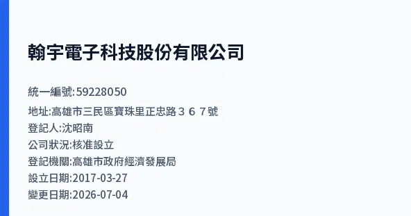 翰宇電子科技股份有限公司的照片-統編 59228050(高雄市) 公司登記資料與營業項目詳細圖表