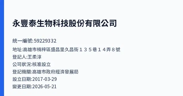 永豐泰生物科技股份有限公司的照片-統編 59229332(高雄市) 公司登記資料與營業項目詳細圖表