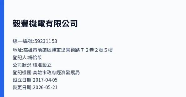 毅豐機電有限公司的照片-統編 59231153(高雄市) 公司登記資料與營業項目詳細圖表