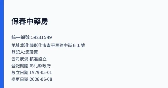 保春中藥房的照片-統編 59231549(彰化縣) 公司登記資料與營業項目詳細圖表
