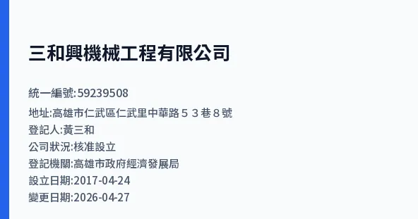 三和興機械工程有限公司的照片-統編 59239508(高雄市) 公司登記資料與營業項目詳細圖表
