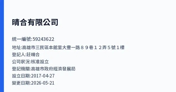 晴合有限公司的照片-統編 59243622(高雄市) 公司登記資料與營業項目詳細圖表
