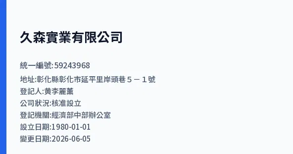 久森實業有限公司的照片-統編 59243968(彰化縣) 公司登記資料與營業項目詳細圖表