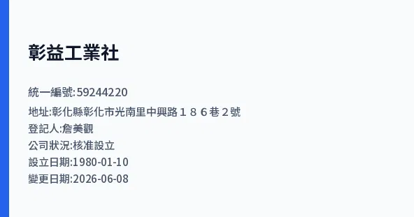 彰益工業社的照片-統編 59244220(彰化縣) 公司登記資料與營業項目詳細圖表