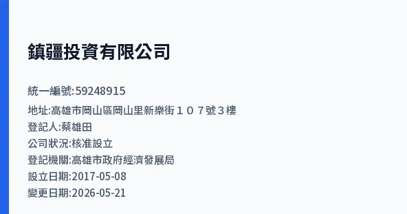 鎮疆投資有限公司的照片-統編 59248915(高雄市) 公司登記資料與營業項目詳細圖表