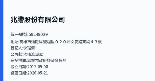 兆謄股份有限公司的照片-統編 59249029(高雄市) 公司登記資料與營業項目詳細圖表