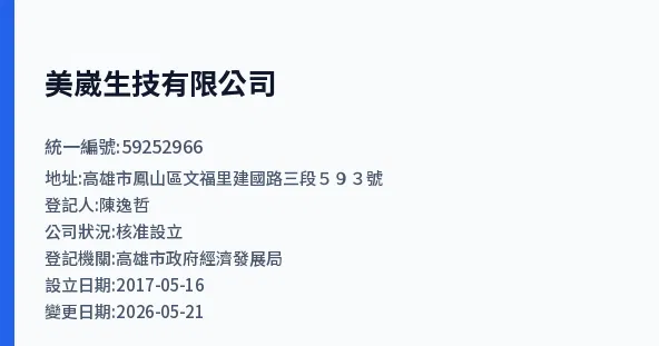 美崴生技有限公司的照片-統編 59252966(高雄市) 公司登記資料與營業項目詳細圖表