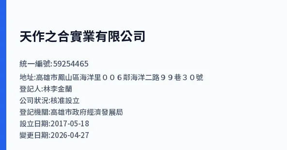 天作之合實業有限公司的照片-統編 59254465(高雄市) 公司登記資料與營業項目詳細圖表