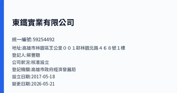 東鐵實業有限公司的照片-統編 59254492(高雄市) 公司登記資料與營業項目詳細圖表