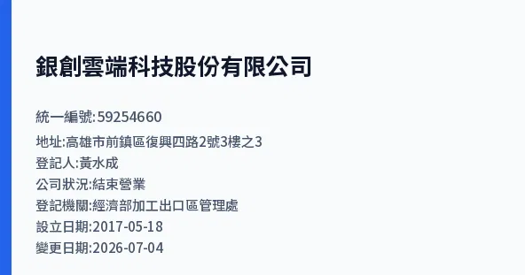 銀創雲端科技股份有限公司的照片-統編 59254660(高雄市) 公司登記資料與營業項目詳細圖表
