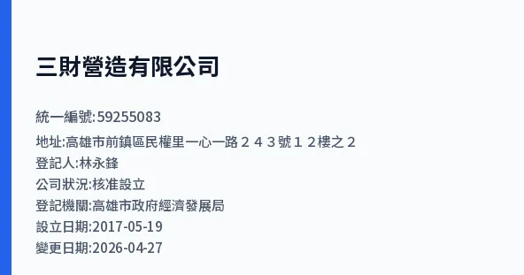 三財營造有限公司的照片-統編 59255083(高雄市) 公司登記資料與營業項目詳細圖表