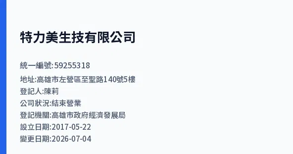 特力美生技有限公司的照片-統編 59255318(高雄市) 公司登記資料與營業項目詳細圖表