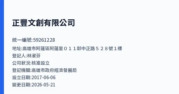 正豐文創有限公司的照片-統編 59261228(高雄市) 公司登記資料與營業項目詳細圖表
