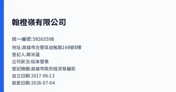 翰橙嶺有限公司的照片-統編 59263598(高雄市) 公司登記資料與營業項目詳細圖表